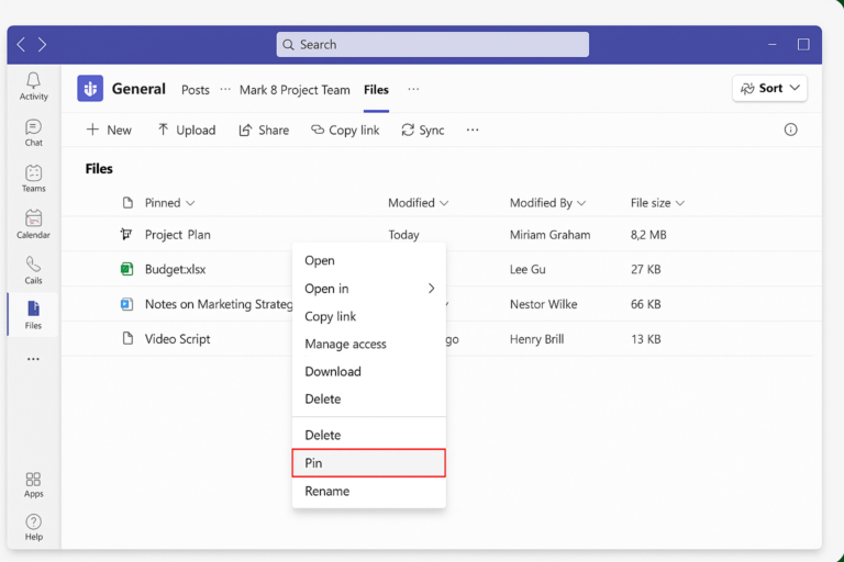 How to pin files in Microsoft Teams for quick access?