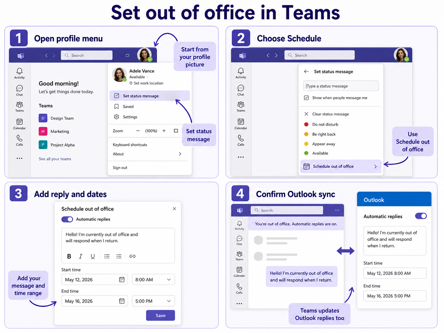 Set out of office status in Microsoft Teams without Outlook confusion